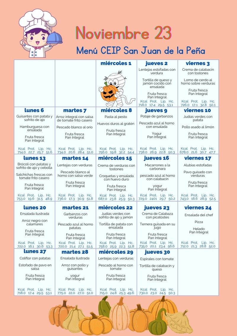 Menú mes de noviembre – CEIP San Juan de la Peña